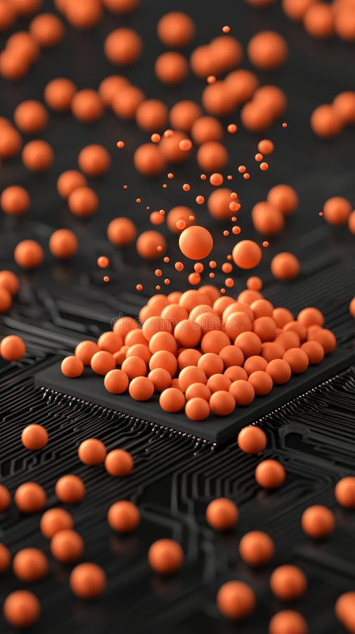 Orange Spheres Gather on a Dark Circuit Board. Small Dots Float Above ...