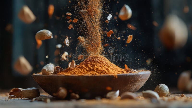 Orange Spice Powder Falling into Wooden Bowl Stock Illustration ...