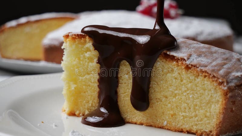 Orange Sponge Cake Pouring Liquid Chocolate. Close Up Stock Footage ...