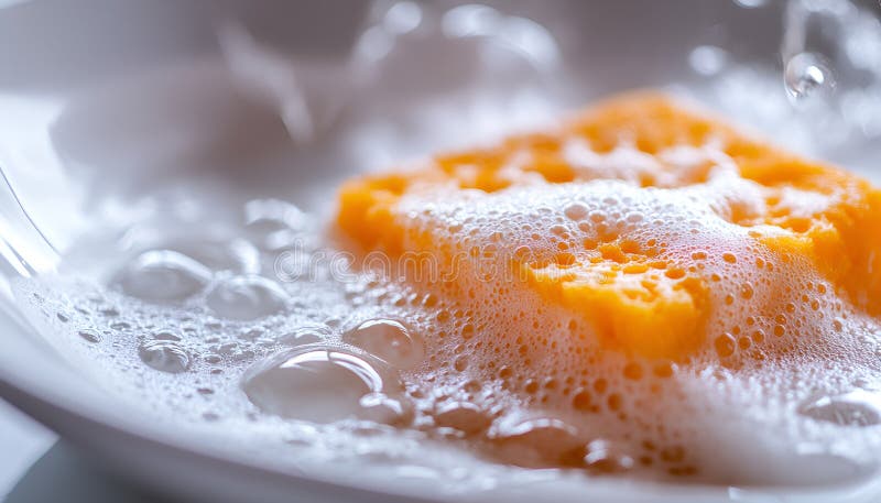 Orange Sponge, Dishes and Foam in Sink, Closeup Stock Photo - Image of ...