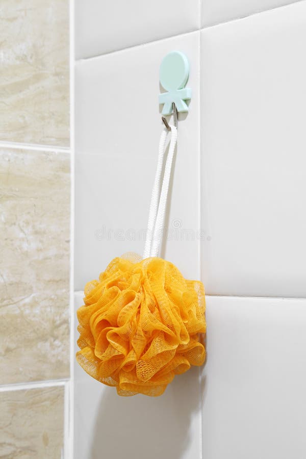 Orange Sponge for Shower in Bathroom Stock Image - Image of bathroom ...