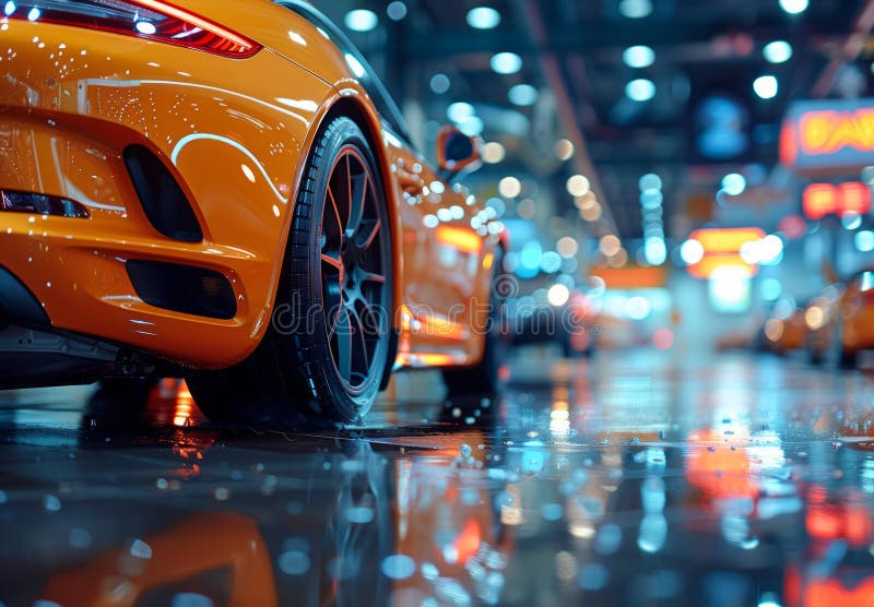 Orange Sport Car Parking on the Wet Road with the Reflection of Lights ...