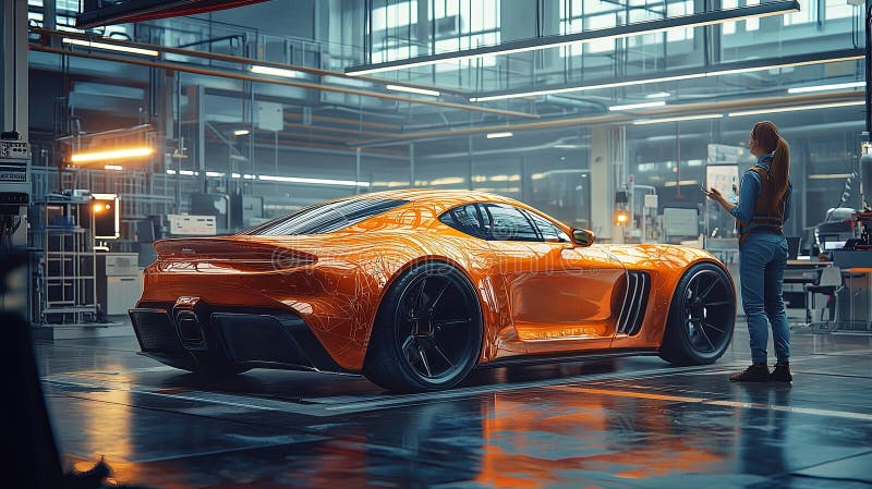 Orange Sports Car in a Futuristic Workshop with a Female Engineer Stock ...