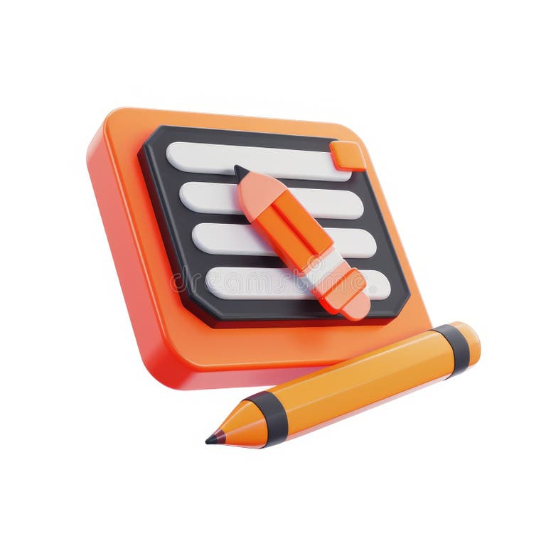 Orange Notepad and Pencil 3D Icon Design Stock Illustration ...
