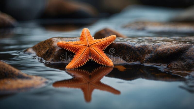 Orange Starfish on Wet Rocks in Shallow Tidal Pool. Stock Photo - Image ...