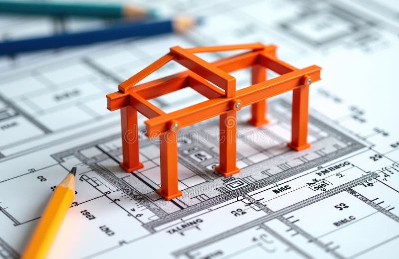 Orange Steel Frame Model Placed on Technical Building Plans. Industrial ...