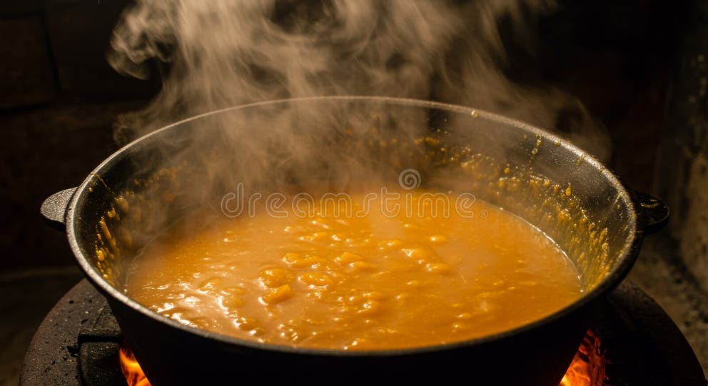 Orange Stew Simmering in Cast Iron Pot Over Fire Stock Illustration ...