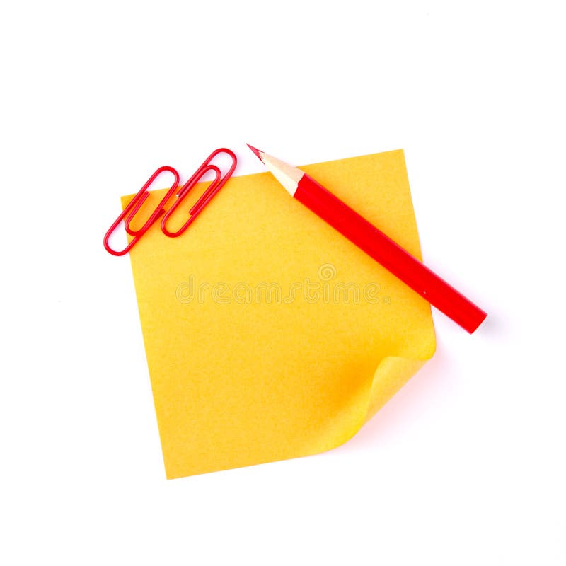 Orange Sticky Paper Note with Red Clips and Pencil Stock Image - Image ...