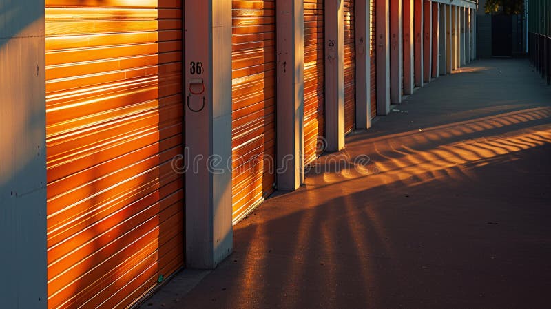Orange Storage Units Row with Concrete Support Pillars in Warm Sunlight ...