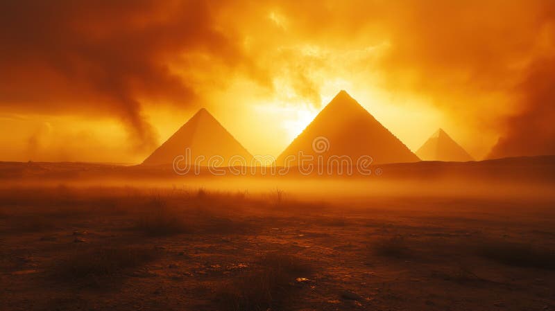 Orange Storm Clouds and Fog Overlook the Egyptian Pyramids Stock Photo ...