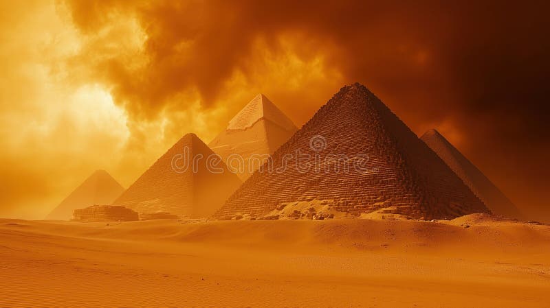 Orange Storm Clouds and Fog Overlook the Egyptian Pyramids Stock Photo ...