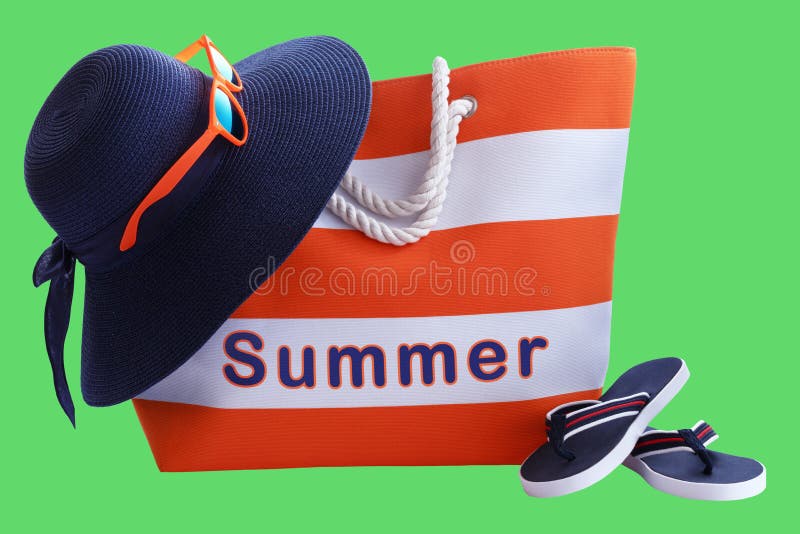 Orange Stripe Beach Bag,and Other Beach Stuff Isolated on White ...