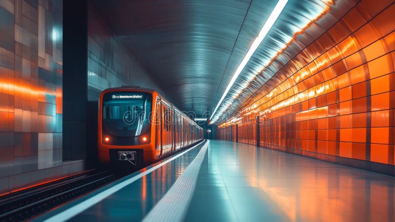 Orange Subway Train Arriving at a Platform Stock Illustration ...