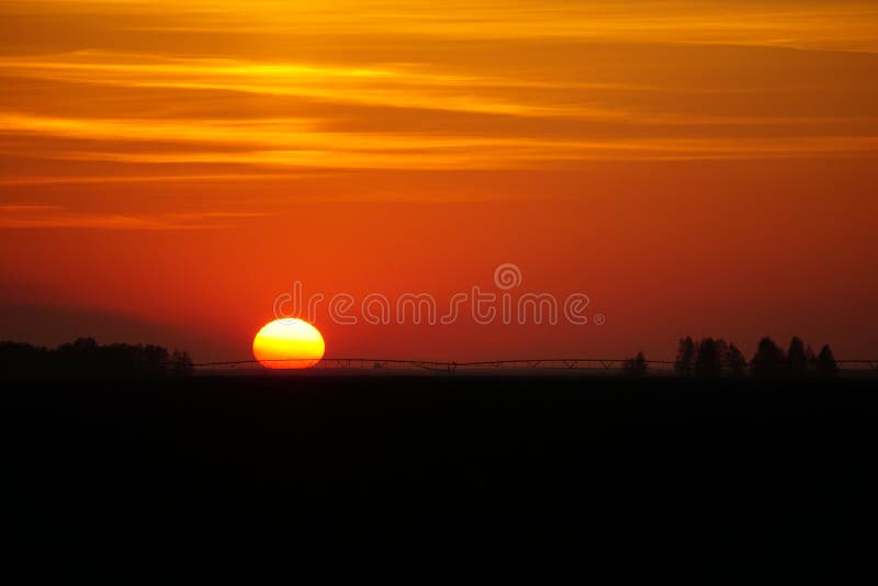 Orange Sun on Horizon Sky with Clouds. Sunset Landscape on a Rural ...