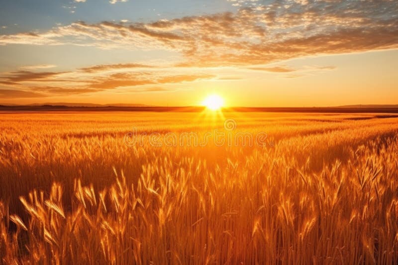 Orange Sunlight Falling Over a Wheat Field Stock Illustration ...