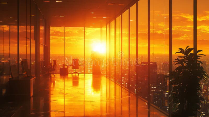 Orange Sunset Cityscape Viewed from Modern Office Stock Illustration ...