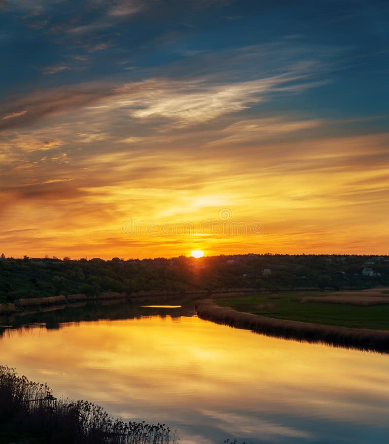 Orange Sunset Over Water In River Stock Image - Image of reflection ...