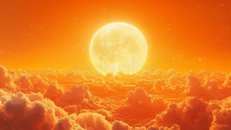Orange Sunset with Full Moon Above Clouds Stock Illustration ...