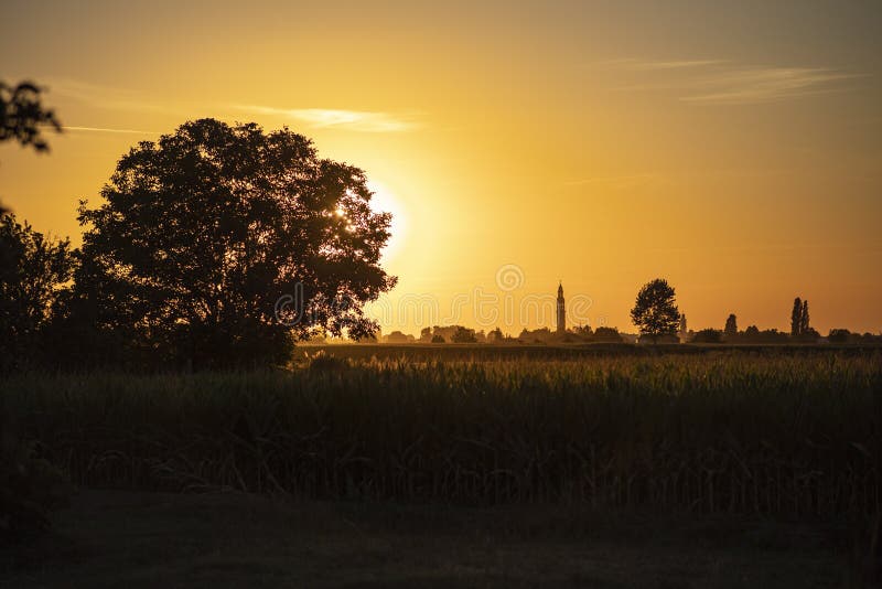 Orange Sunset Landscape Country Field Stock Photo - Image of country ...