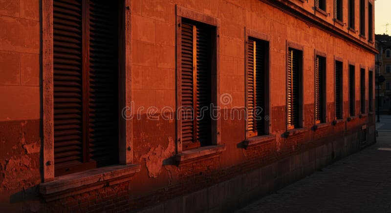 Orange Sunset Light on Old Brick Building Facade Stock Illustration ...