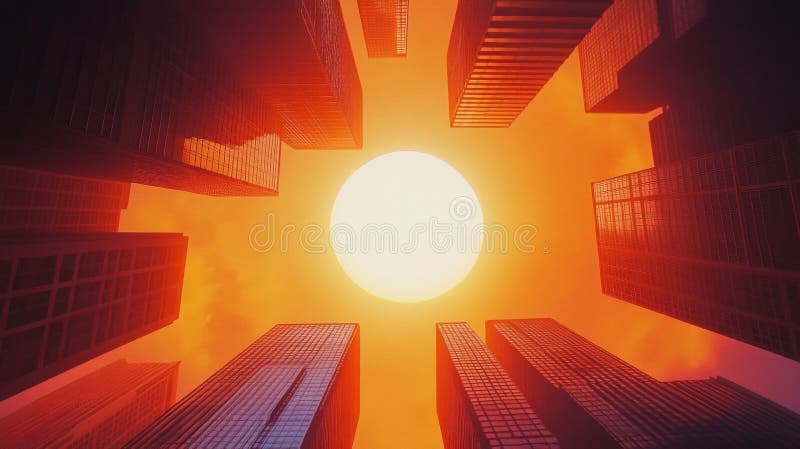 Orange Sunset Over City Skyscrapers Stock Illustration - Illustration ...