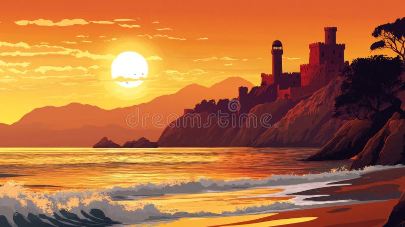 Orange Sunset Over Coastal Castle and Ocean Waves Stock Illustration ...