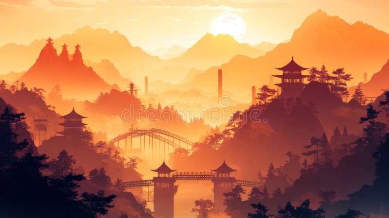 Orange Sunset Over Misty Mountain Landscape with Pagodas Stock ...