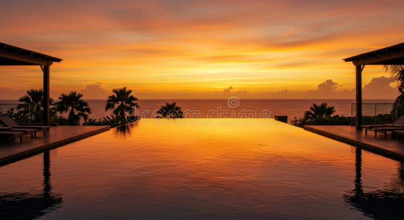 Orange Sunset Over Ocean Reflecting in Infinity Pool Stock Illustration ...
