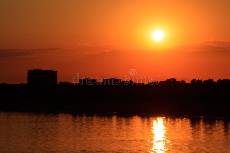 Orange Sunset Over the River Dnieper in Kremenchug City, Ukraine Stock ...