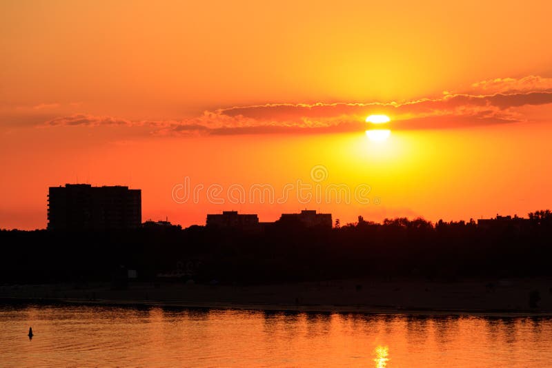 Orange Sunset Over River Dnieper in Kremenchug City, Ukraine Stock ...