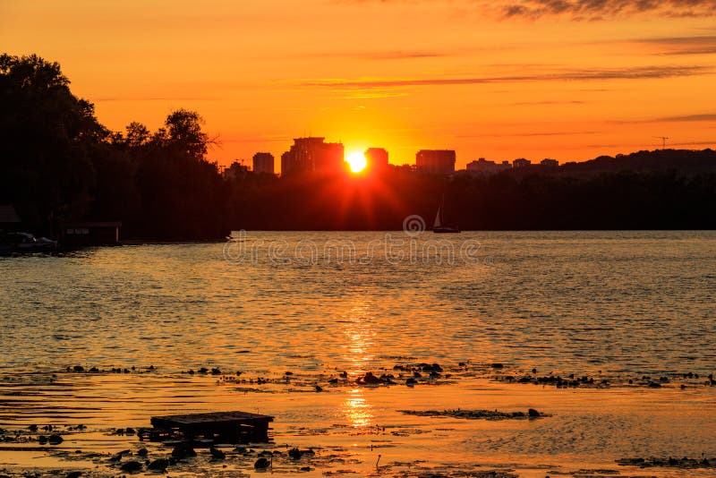 Orange Sunset Over River in Kiev, Ukraine Stock Photo - Image of ...