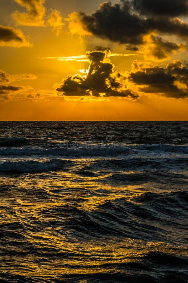 Orange Sunset with Reflection Over Atlantic Ocean, Miami, Florida, USA ...