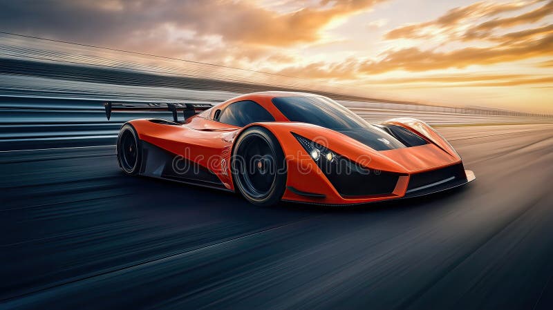 Orange Supercar Speeding on a Racetrack at Sunset Stock Image - Image ...