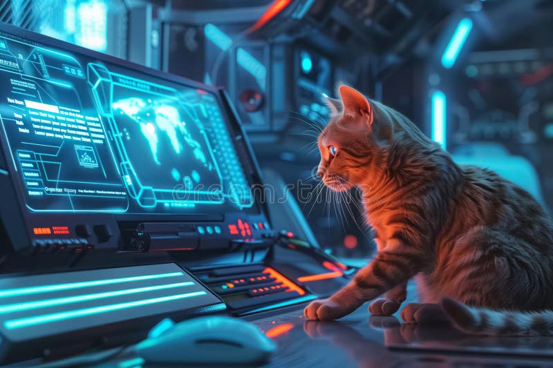 Orange Tabby Cat Curiously Observing High-tech Control Panels in a ...
