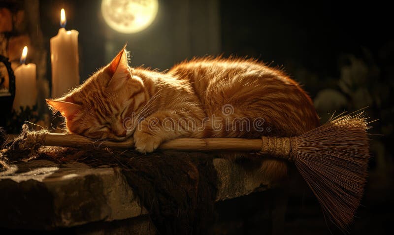 Orange Tabby Cat Curled Up on a Floating Broomstick Stock Image - Image ...