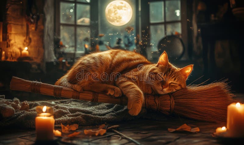Orange Tabby Cat Curled Up on a Floating Broomstick Stock Photo - Image ...