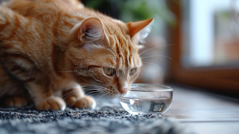 Orange Tabby Cat Drinking Water from a Bowl on a Rug Stock Photo ...