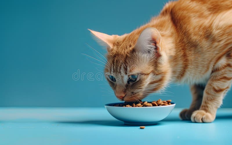 Orange Tabby Cat Eating from White Bowl Against Blue Background Stock ...