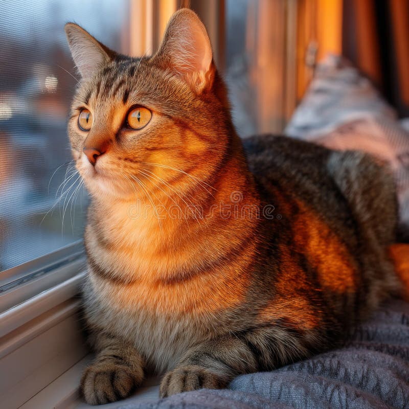 Orange Tabby Cat Gazing Out Window in Warm Sunset Light Stock ...