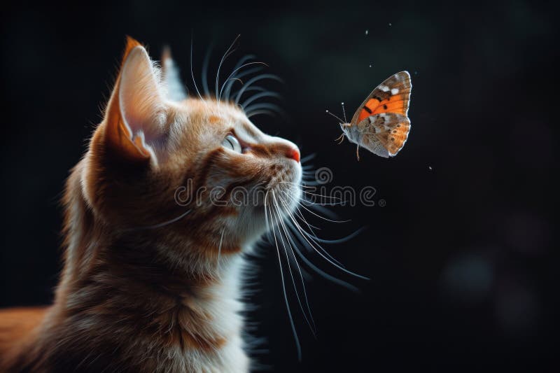 Orange Tabby Cat Intrigued by a Butterfly in a Dark Setting with ...