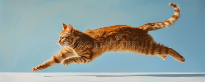 Orange Tabby Cat Leaping through the Air Against a Blue Sky Stock Image ...