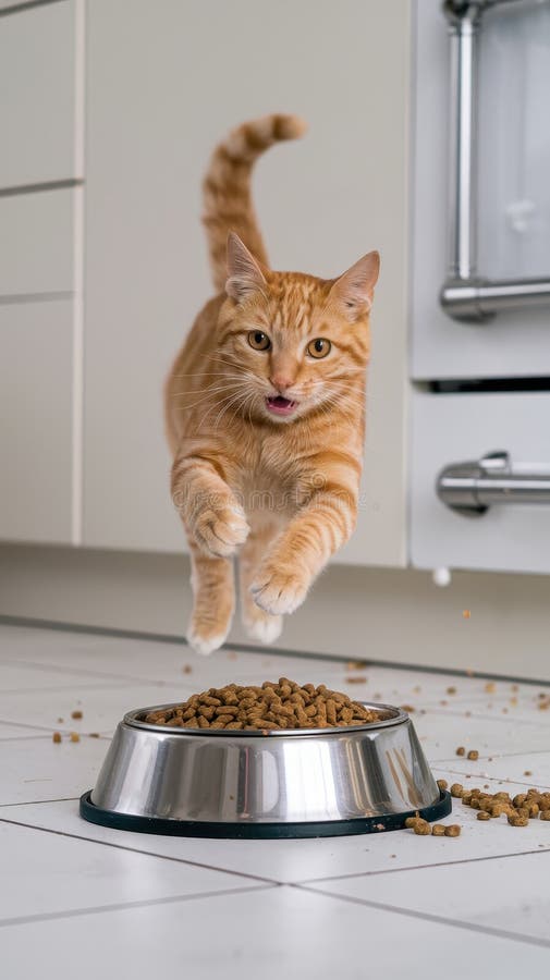 Orange Tabby Cat Mid-leap Knocking Over Empty Dog Bowl in Kitchen Stock ...