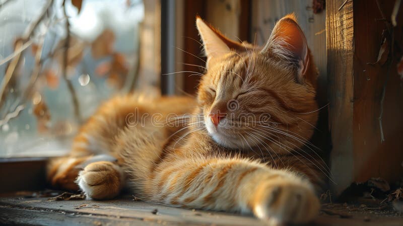 Orange Tabby Cat Napping in Sunlight by Window Stock Photo - Image of ...