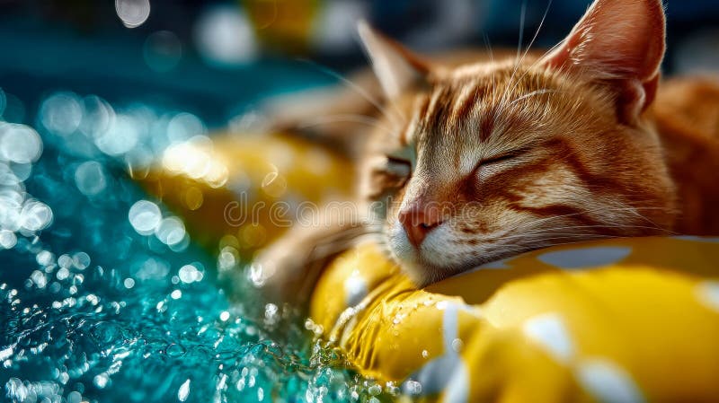 Orange Tabby Cat Peacefully Napping on a Yellow Float in a Sparkling ...