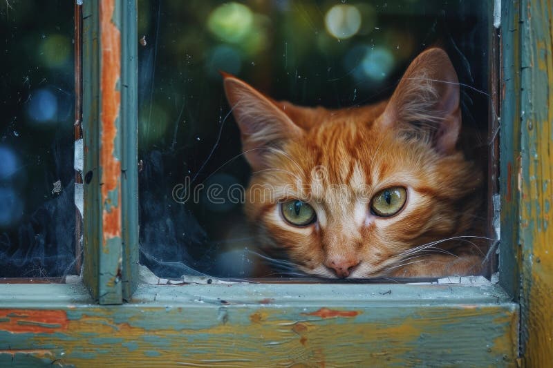 Orange Tabby Cat Peering through Old Window Stock Illustration ...