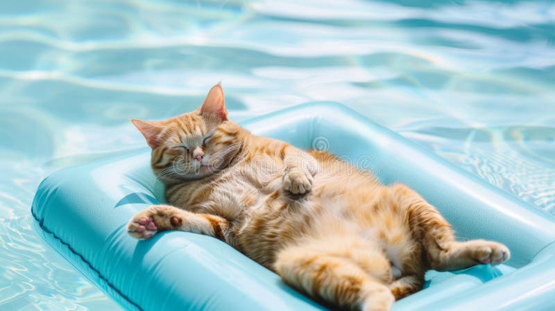 Orange Tabby Cat Relaxing on a Blue Inflatable in a Swimming Pool Stock ...