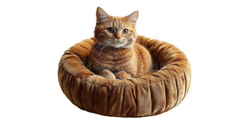 Orange Tabby Cat Relaxing in Brown Cat Bed Isolated on Transparent ...
