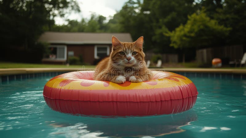 Orange Tabby Cat Relaxing on Inflatable Pool Float in Backyard Stock ...