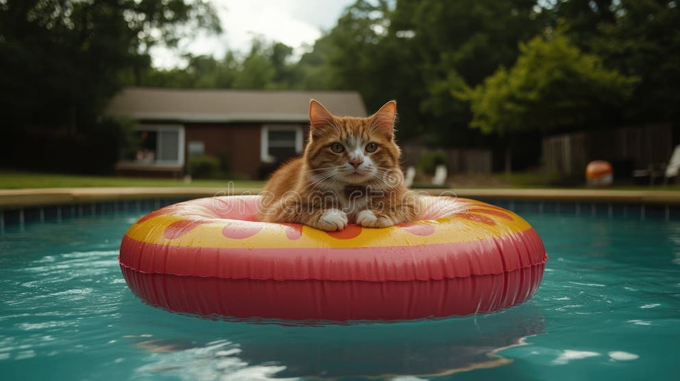 Orange Tabby Cat Relaxing on Inflatable Pool Float in Backyard Stock ...