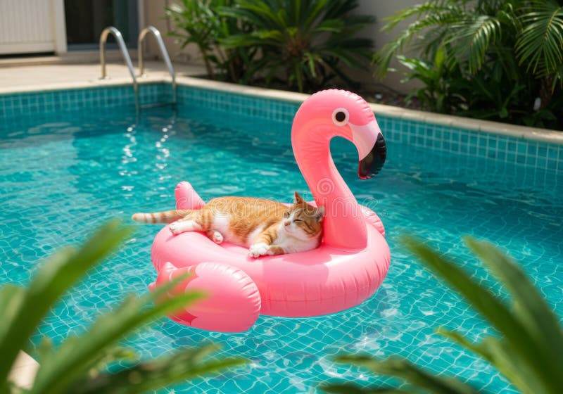 Orange Tabby Cat Relaxing on Pink Flamingo Pool Float Stock ...